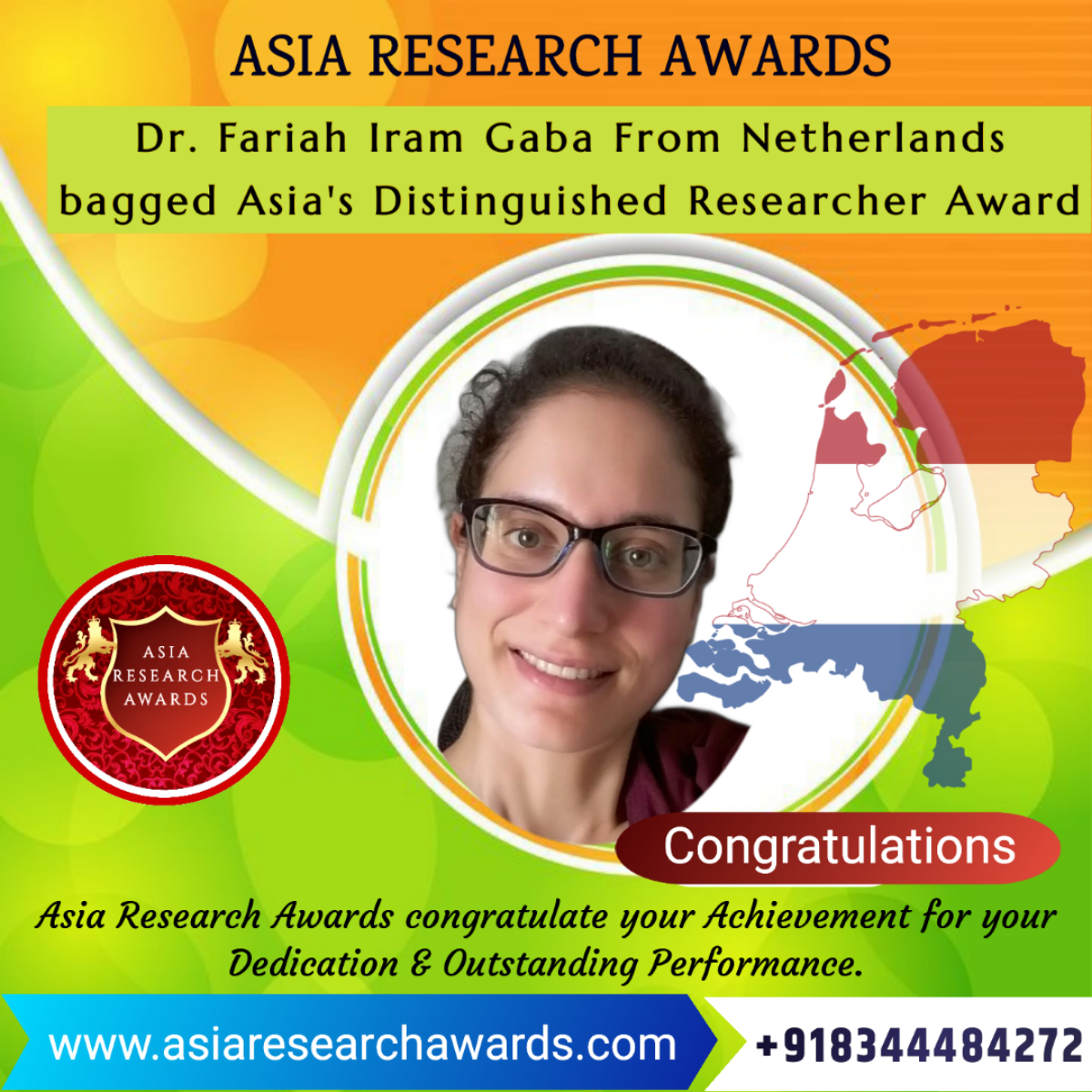 Dr. Fariah Iram Gaba bagged Asia's Distinguished Researcher Award in ...